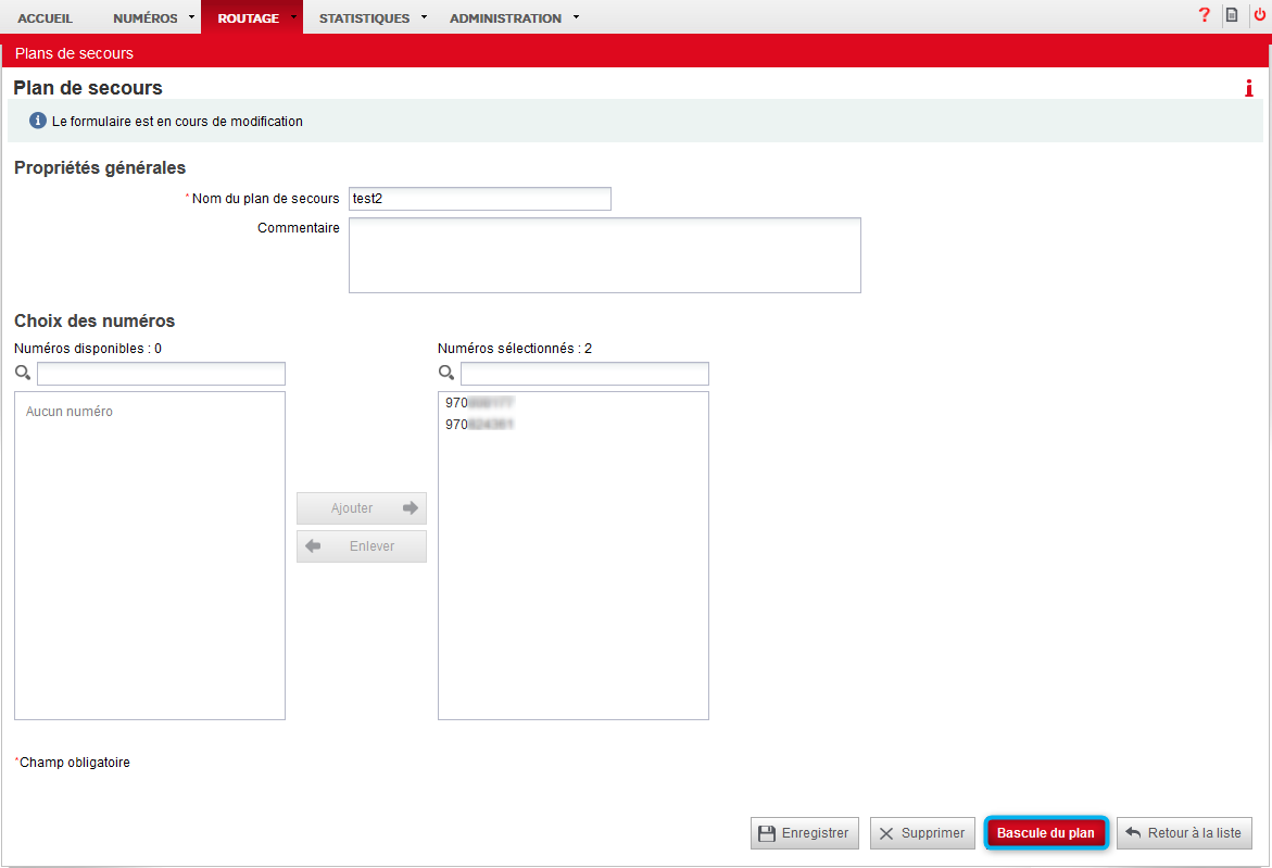 Assistance – Relation Client | N° Spéciaux – Basculer un plan de secours